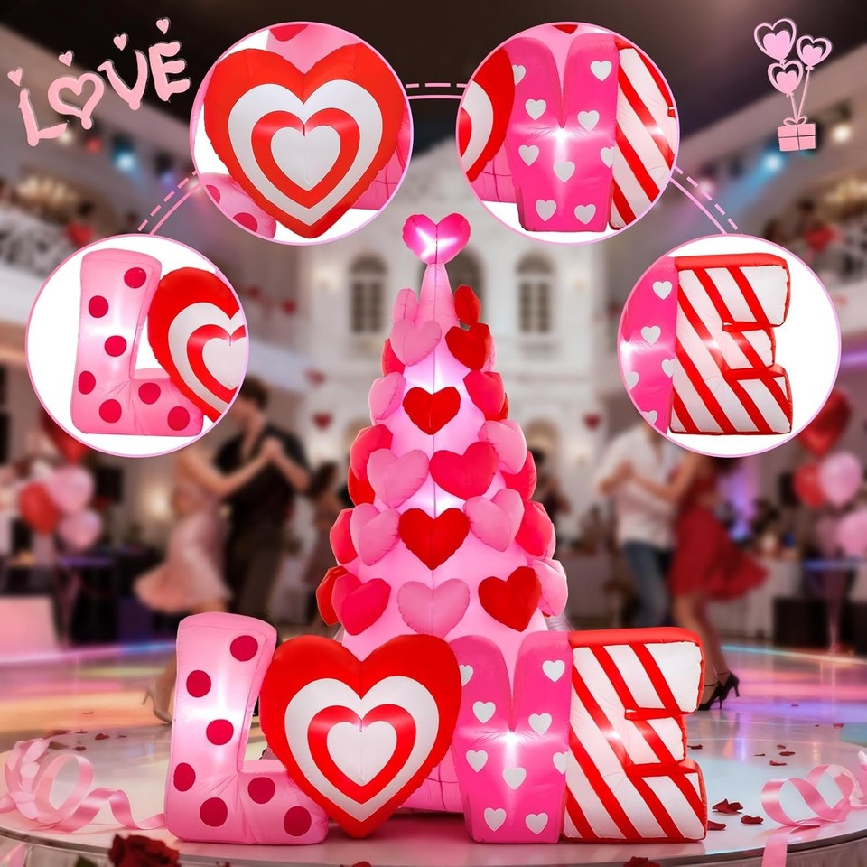 8FT Valentines Day Inflatable Heart Tree LED BlowUp LED Lighted Outdoor ...