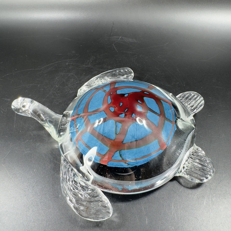 Art Glass Turtle Glass Paperweight Figurine Clear Edges Blue Red Center ...