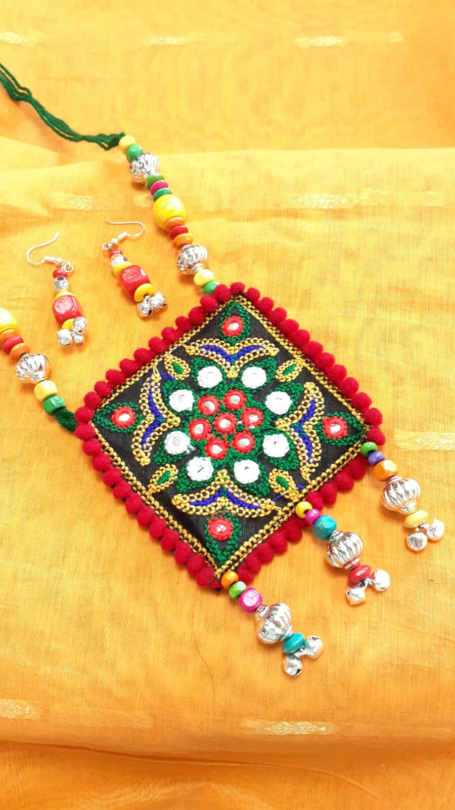 Indian Kucchi Mirror Necklace Earrings/Pompom Necklace Set/Embroidery ...