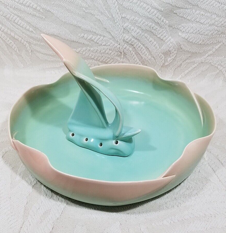 FLOWER FROG SAILBOAT & DISH HALDEMAN CALIENTE CALIFORNIA POTTERY AQUA ...