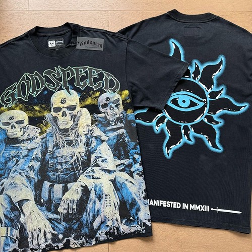 25/SS Godspeed Hip hop skeleton soldier print pattern Tee Washed Mens T ...