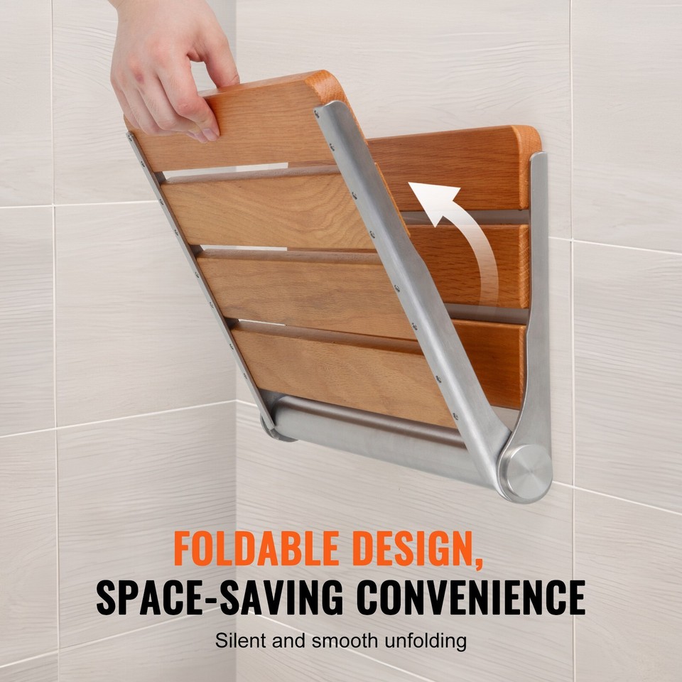 Folding Oak Shower Seat 440 lbs Stainless Steel Wall Mounted Shower ...