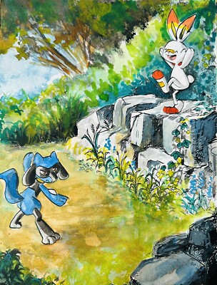 Pokémon Fan Art 9x12 Original Watercolor Painting Scorbunny Riolu ...