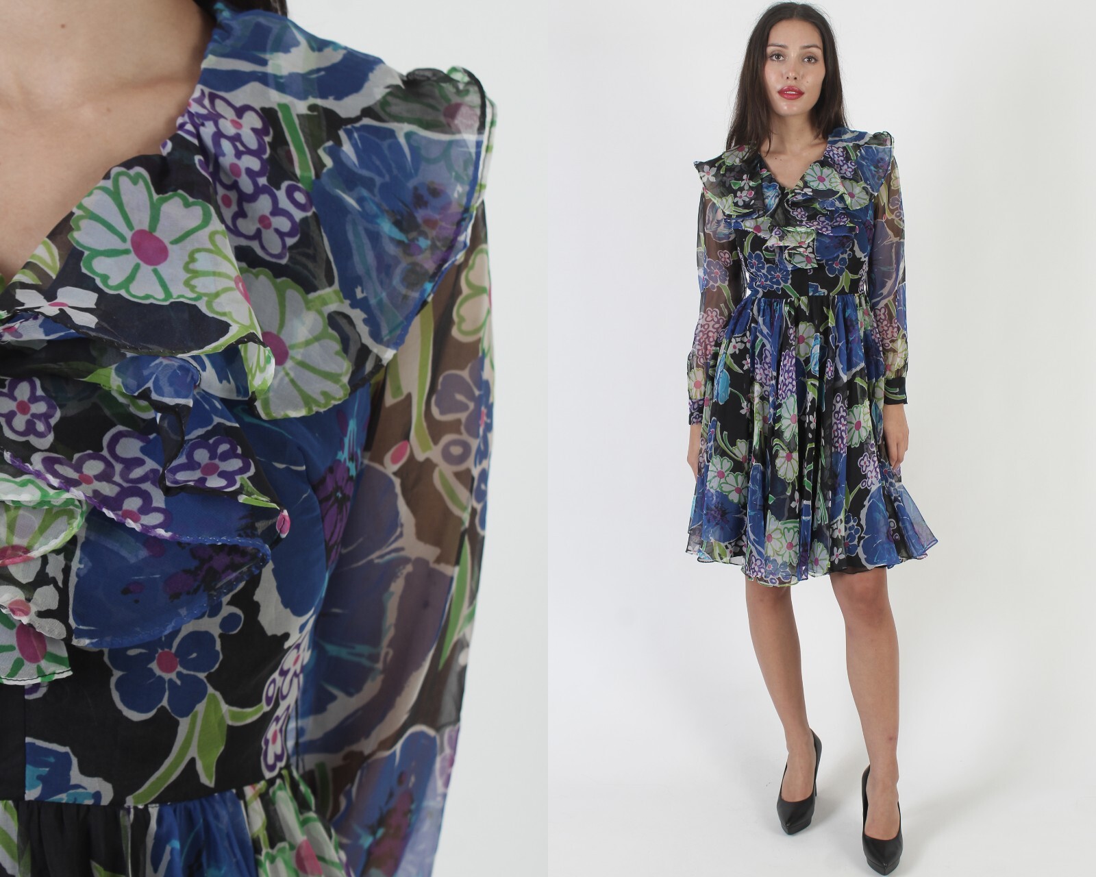 Vtg 70s Formal Low Cut Chiffon Dancing Mini Dress Flo… - Gem