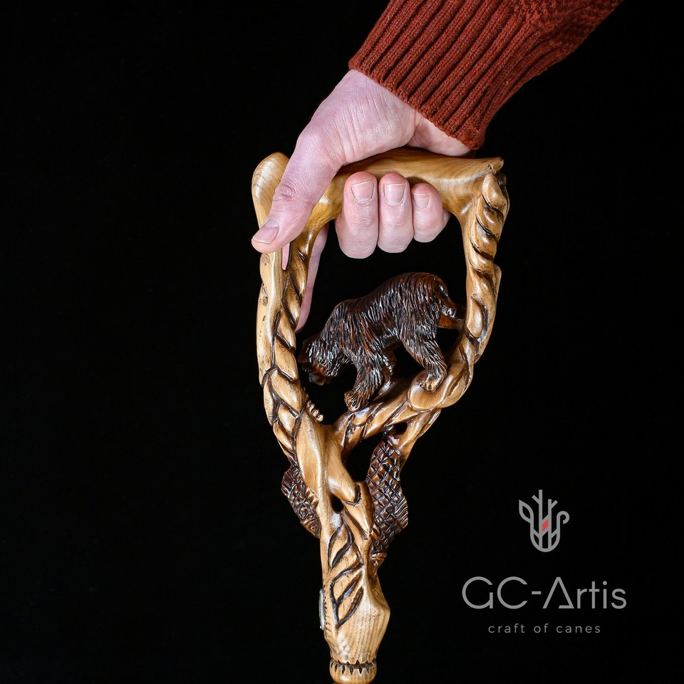 Original Walking Stick Cane Wooden Carved Crafted Grizzly Bear & Salmon ...