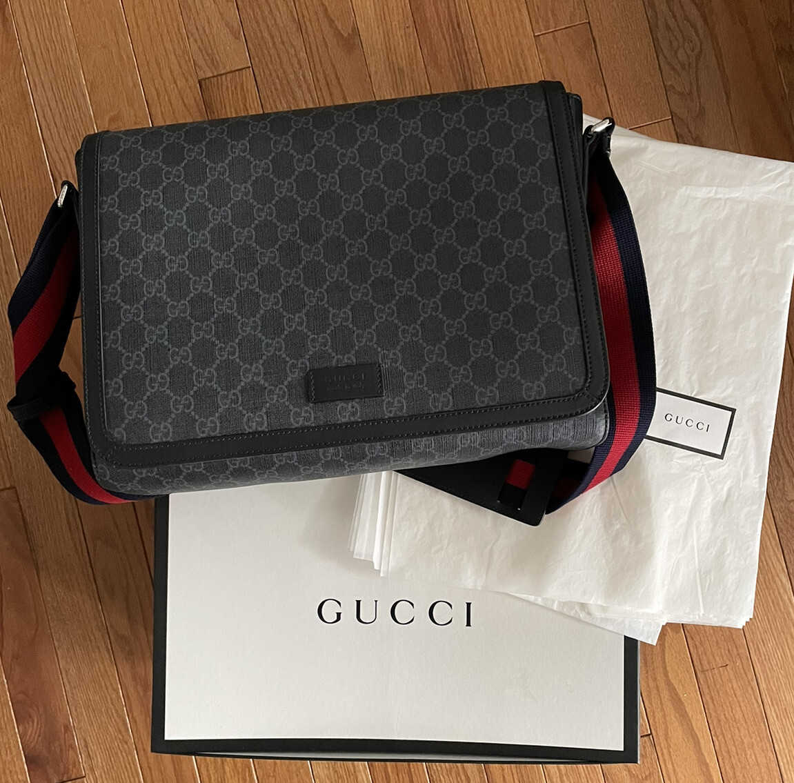 Gucci GG Supreme Monogram Web Flap Messenger Bag Blac… - Gem