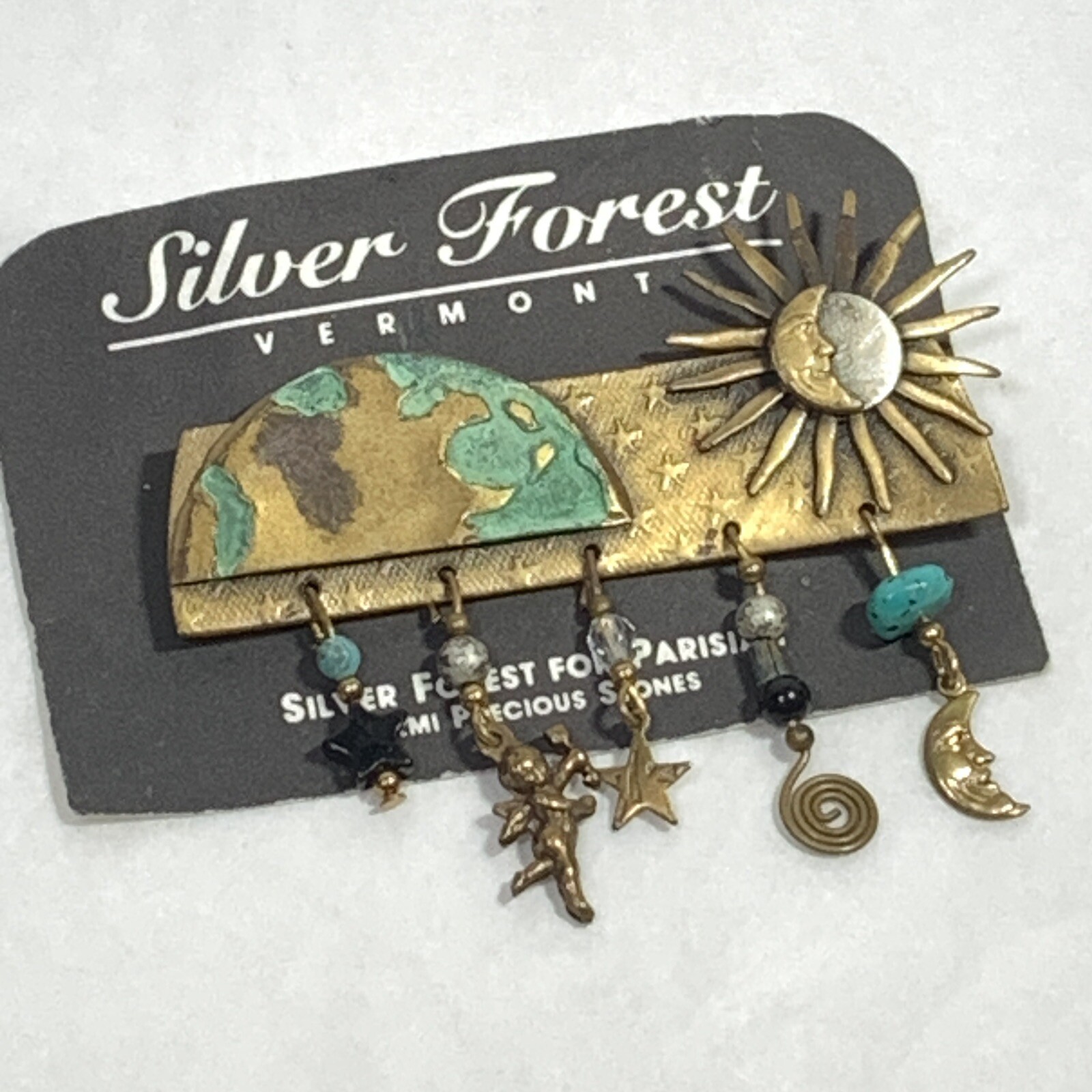 VTG 90s Silver Forest Pin Brass Earth Sun Moon Dangle Stars Angel ...