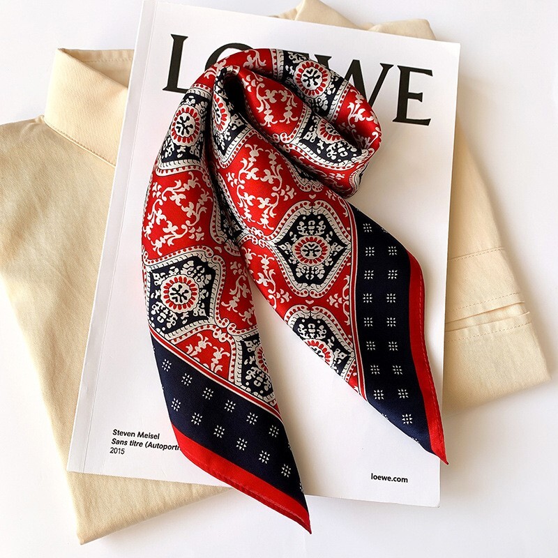 100% Pure Silk Scarf Women Black Red Paisley Kerchief Small Square ...