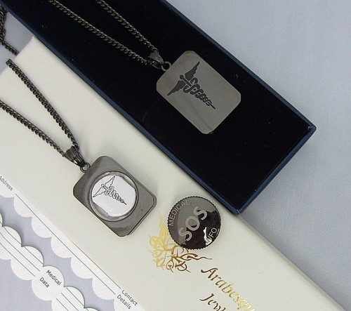 DELUXE MENS BLACK STAINLESS STEEL SOS MEDICAL ALERT NECKLACE/WATERPROOF ...