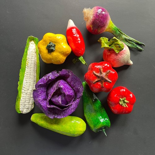 Vintage Paper Mache Vegetables 10 Pieces Purple Cabbage Corn Pepper ...
