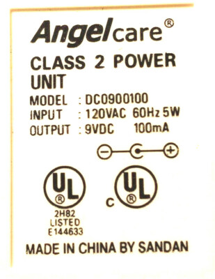 Angelcare Model DC0900100 Class 2 Power Adapter Charger Plug 9VDC 100mA ...