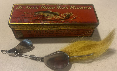 ANTIQUE AL FOSS PORK RIND MINNOW LURE FISHING FISH BAIT TIN LITHO CAN ...
