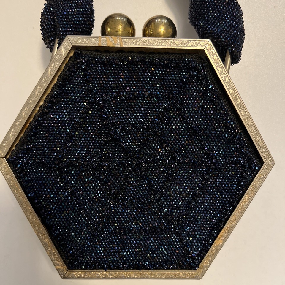 1940s Vintage Fre Mor 6 Sided Beaded Box Bag Purse Navy/Sea foam ...