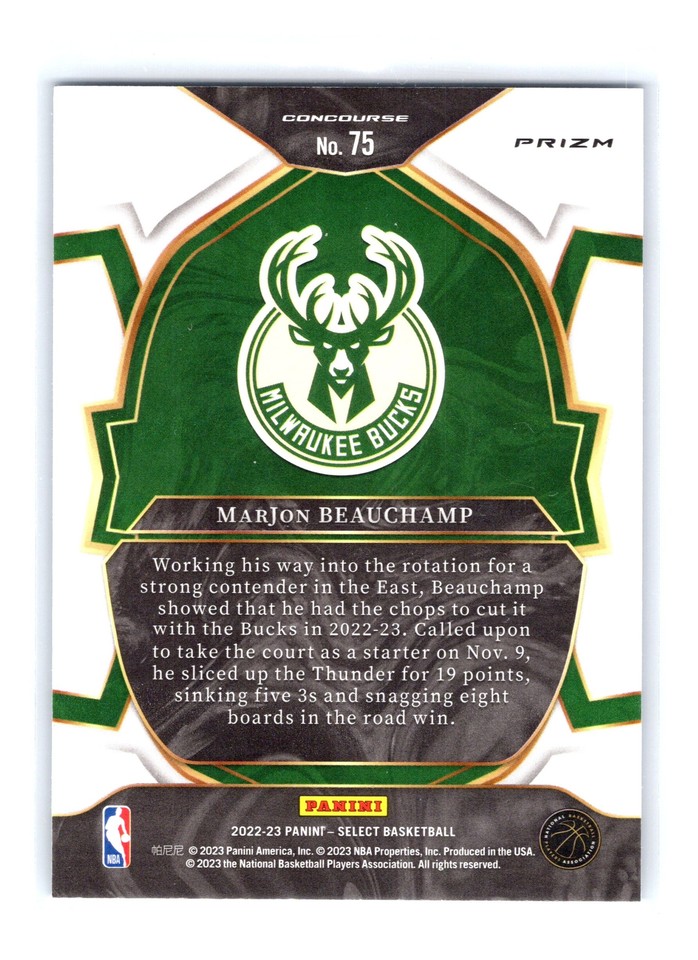 2022 Select Basketball #75 MarJon Beauchamp RC Blue Prizm Milwaukee ...