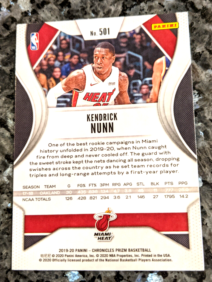 2019-20 Panini Chronicles Prizm Update Kendrick Nunn #501 Rookie Card ...
