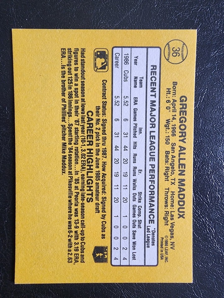1987 DONRUSS GREG MADDUX RATED ROOKIE #36 CHICAGO CUBS MLB BASEBALL ...