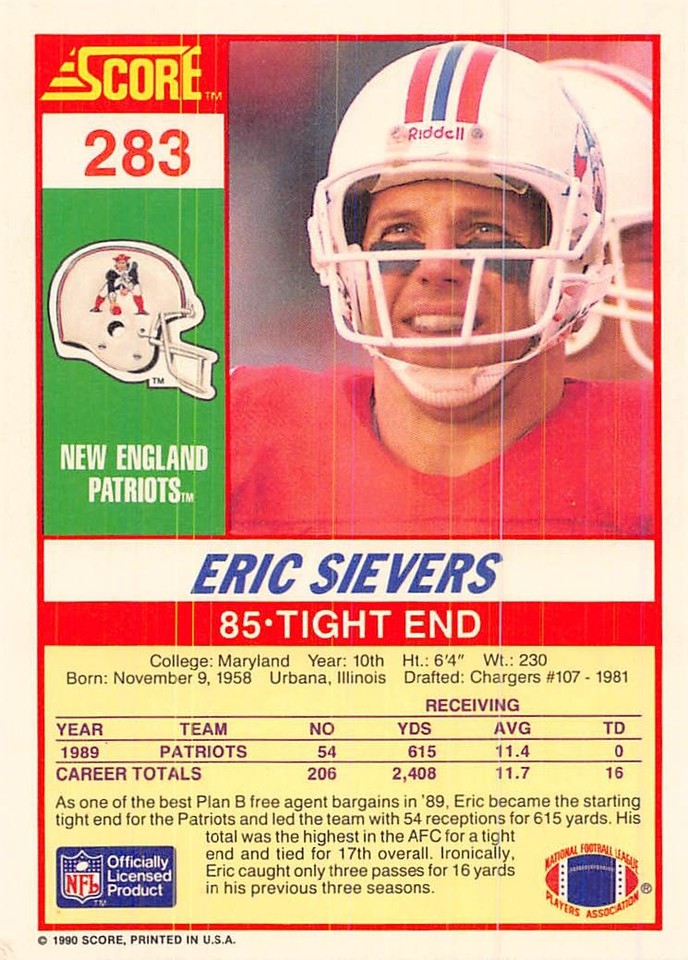 Eric Sievers 1990 Score 100 Hottest 81 New England Patriots Football ...