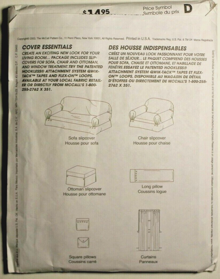 McCall's 3981 Home Decorating Sewing Pattern Sofa & Chair Cover Pillows ...