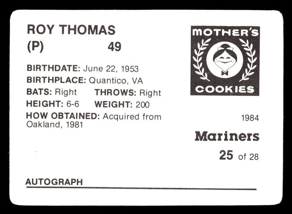 Roy Thomas 1984 Mother's Cookies Seattle Mariners #25 Seattle Mariners ...