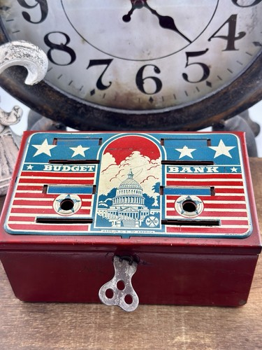 VTG 1940's Marx Co. Metal "Budget Bank" Coin Bank with Key Patriotic ...