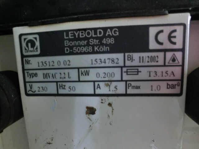 Leybold DIVAC 2.2L Vacuum Pump,13512002 1534782,230Vac 50Hz 1Bar Max ...