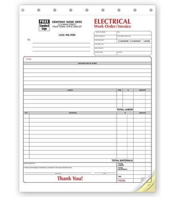 250 Electrical Contractor Work Order 3 Part Invoice / NEBS Deluxe No ...