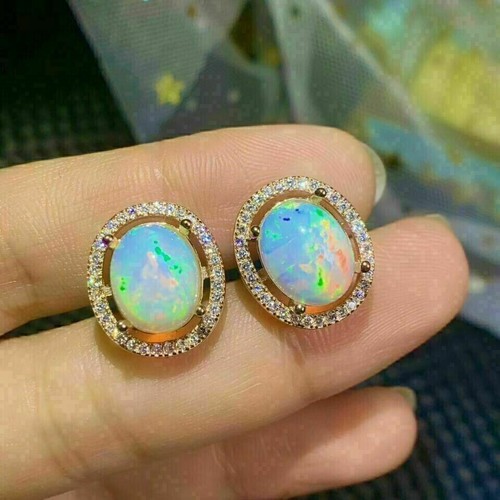 3 Ct Oval Cut Lab-Created Fire Opal Women's Stud Earrings 14K Yellow ...