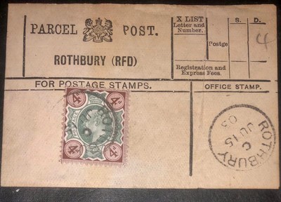 1903 Rothbury (RFD) PARCEL LABEL 4d DLR Rothbury CDS Northumberland ...