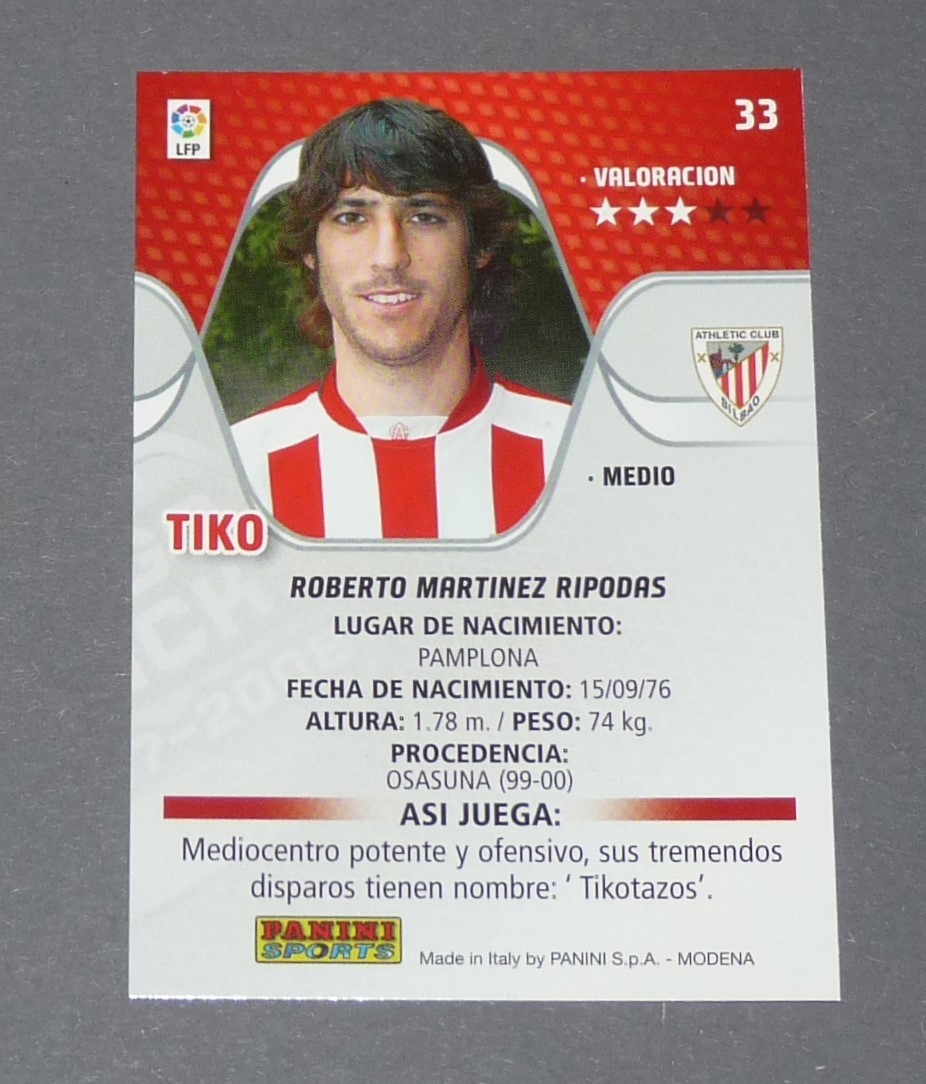 TIKO ATHLETIC BILBAO ESPAGNE ESPAÑA PANINI CARD FOOTBALL LIGA 2007-2008 ...