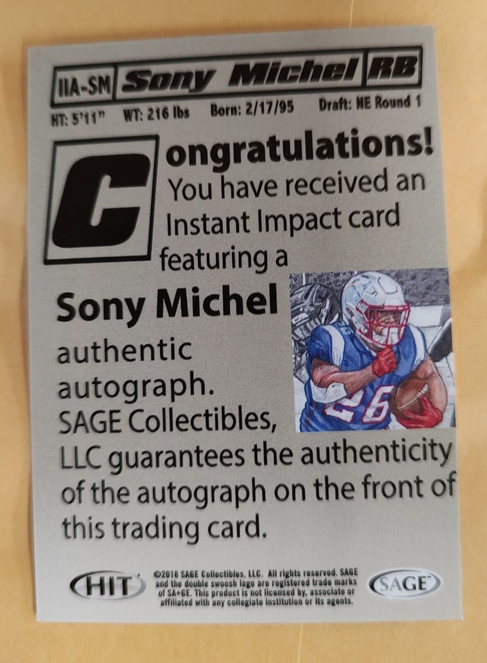 2018 SAGE HIT INSTANT IMPACT SONY MICHEL GEORGIA Rookie AUTO IIA-SM | eBay