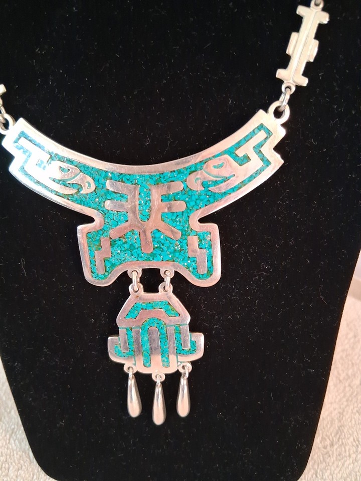 Vintage Sterling Turquoise Chip Bib Inlay Necklace TF-35 Mexico 74Grams ...