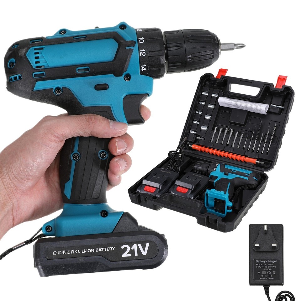 21V Cordless Drill Bit Set Combi Driver Electric Screwdriver Kit with 2 ...