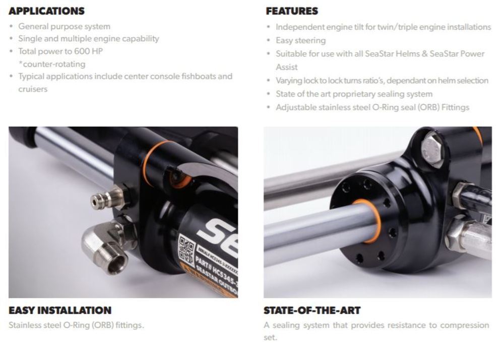 SeaStar HC5345-3 Boat Hydraulic Steering Cylinder FrontMount Mercury ...