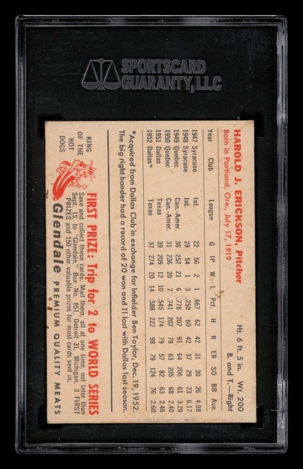 1953 Glendale Hot Dogs Tigers Set-Break Hal Erickson SGC 3 VG | eBay