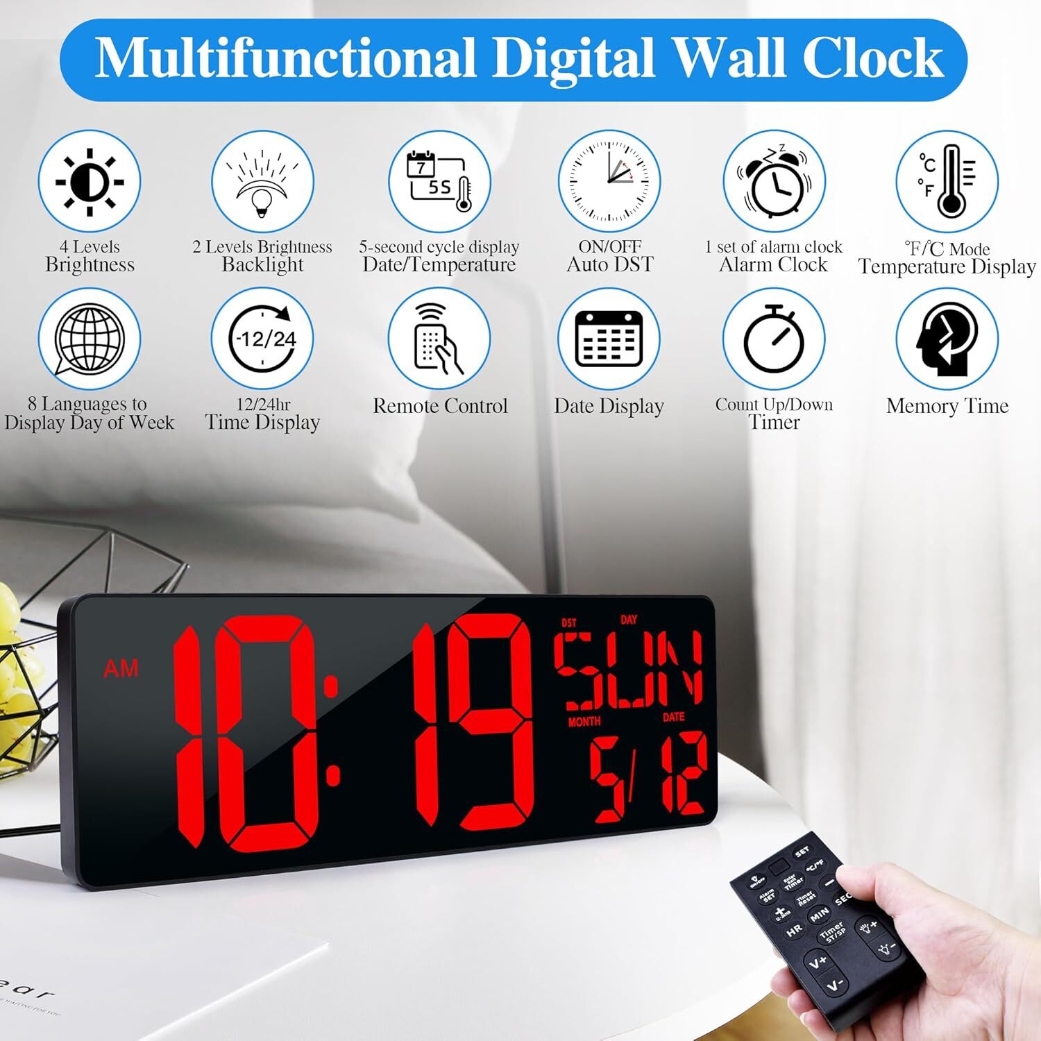 Large Digital Wall Clock With Remote Control 17.2 LED Large Display ...
