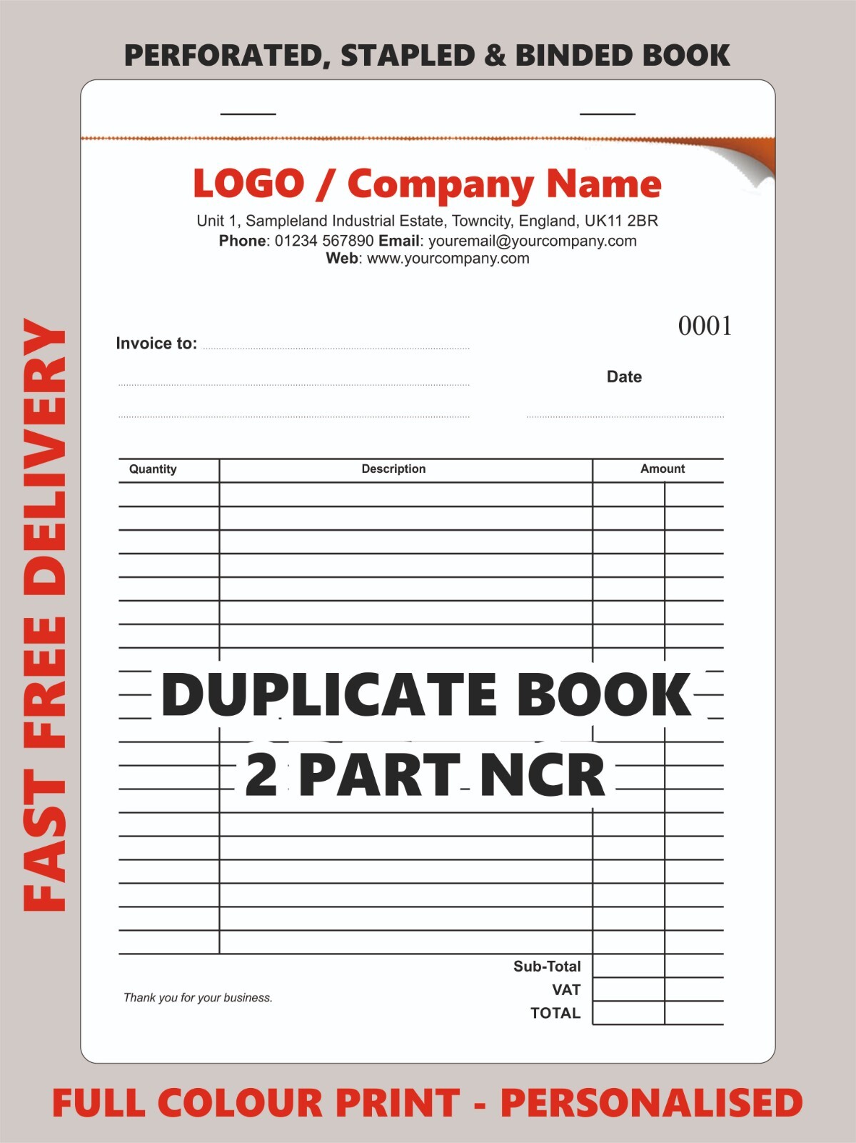 A4 PERSONALISED DUPLICATE INVOICE BOOK - NCR PAD PRINT - BUSINESS ...