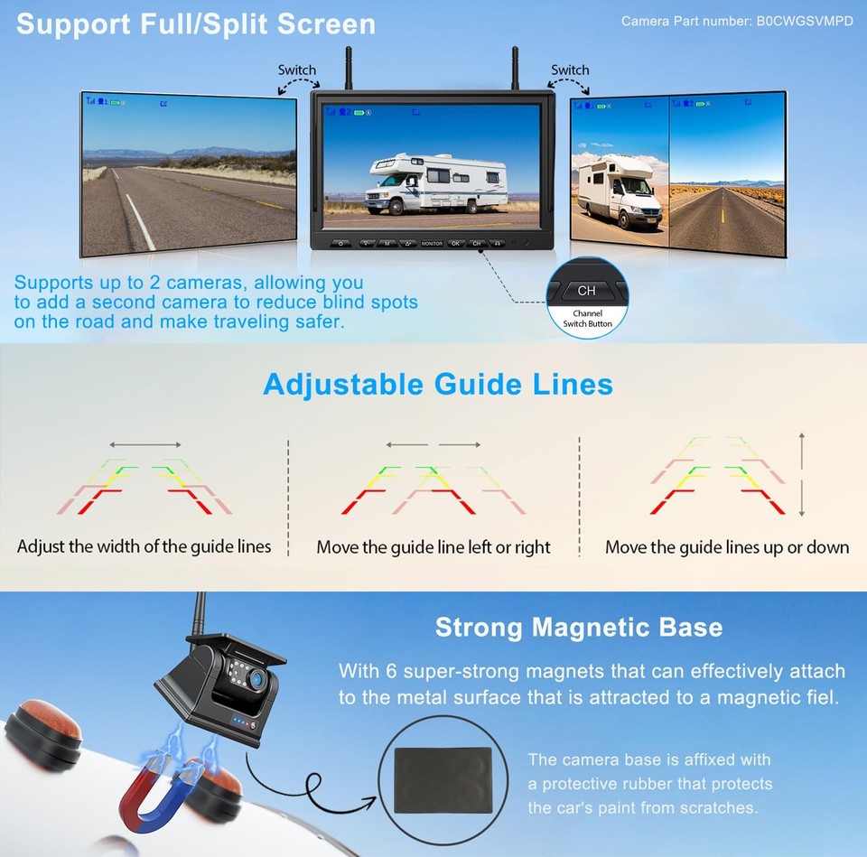 Magnetic Solar Wireless Backup Camera HD 1080P 10" DVR Monitor RV Truck ...