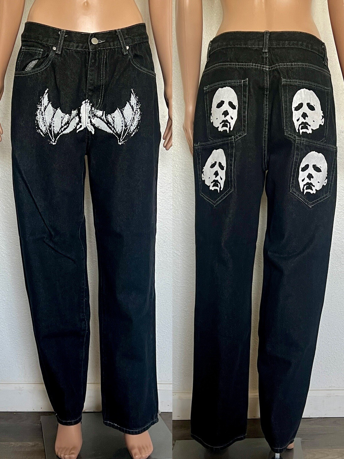 Hand painted Goth/Horror Black Baggy Jeans with Bat &… - Gem