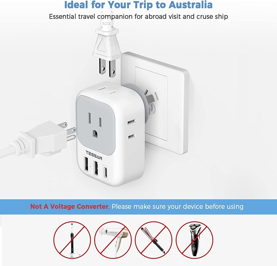 US to Australia Plug Adapter USB C Port with 4 Outlet for Travel to New ...