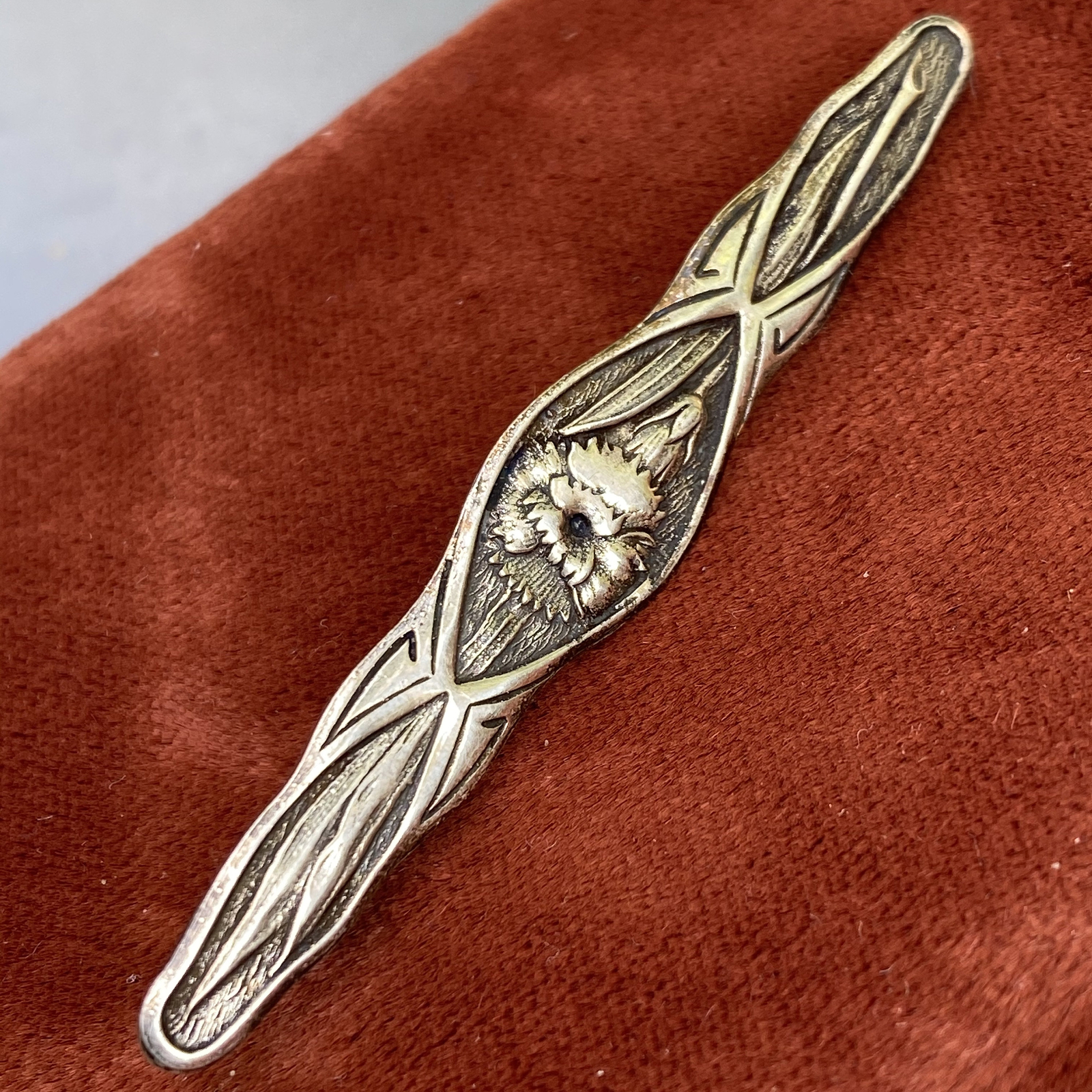 Antique Silver Bar Pin . Art Nouveau Floral Silver Pi… - Gem