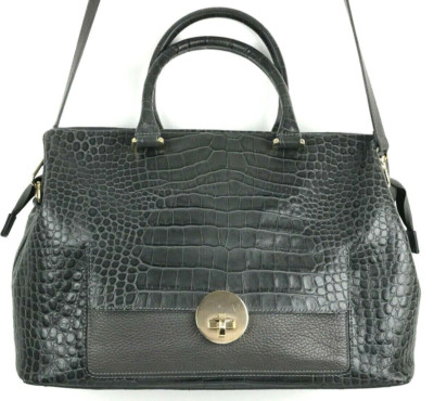 IACUCCI Large Croc Embossed Leather Gray Satchel Handbag Shoulder Purse ...