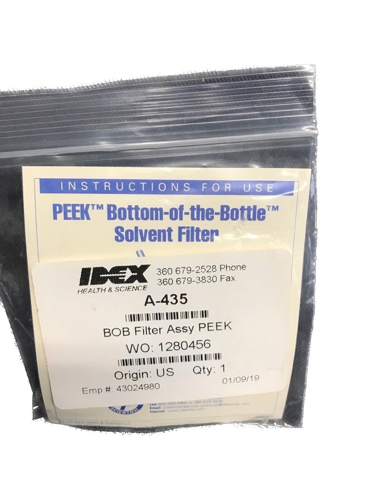 IDEX PEEK Bottom-of-the-Bottle Solvent Filter Assembly 2um for 1/8 ...