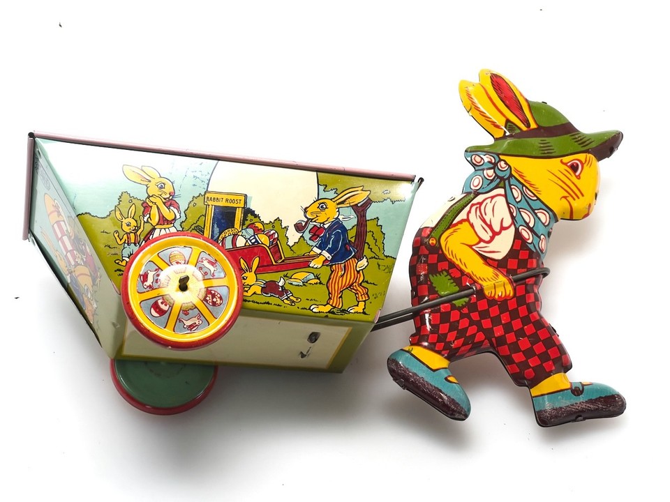 Vintage J CHIEN & Co. Easter Bunny Rabbit Pulling Cart Tin Litho Toy | eBay