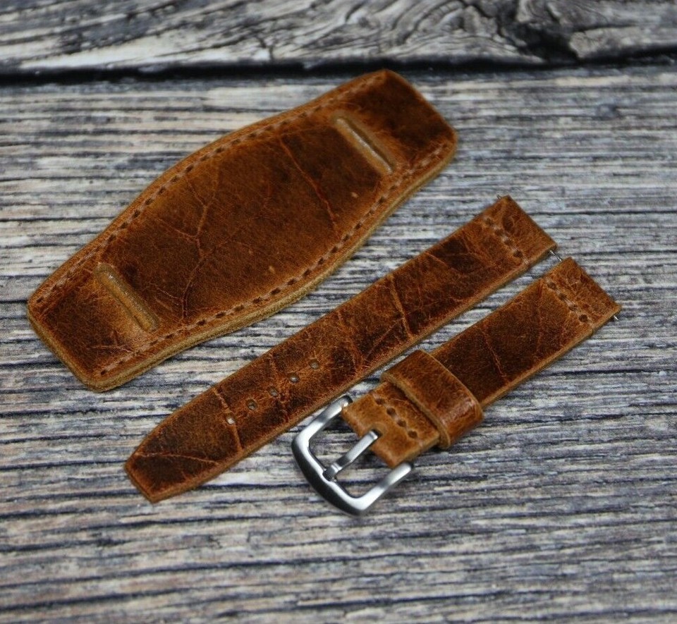 Leather watch strap, Handmade Cuff bund band, 18/20/22/24mm, aviator ...