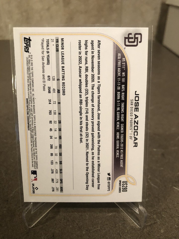 Jose Azocar Rainbow Foil Rookie Card RC 2022 Topps Update Baseball ...