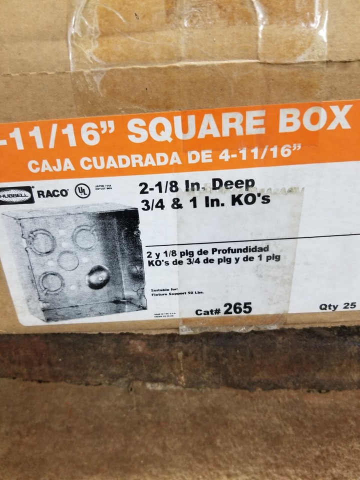 Hubbell-Raco 265 4-11/16" Square box 2-1/8" Deep 3/4" KO Box of 25 New ...