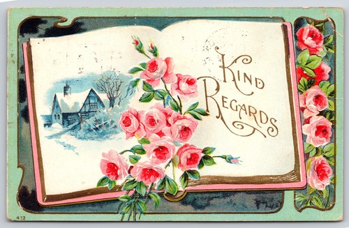 Kind Regards~House Scene In Book W/ Pink Flowers~PM 1911~Embossed ...
