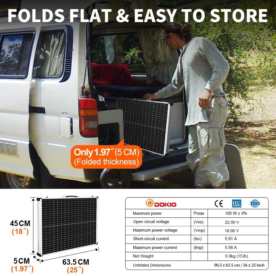 Dokio 100W Portable Foldable Solar Panel Kit for Car Battery/RV/Garden ...
