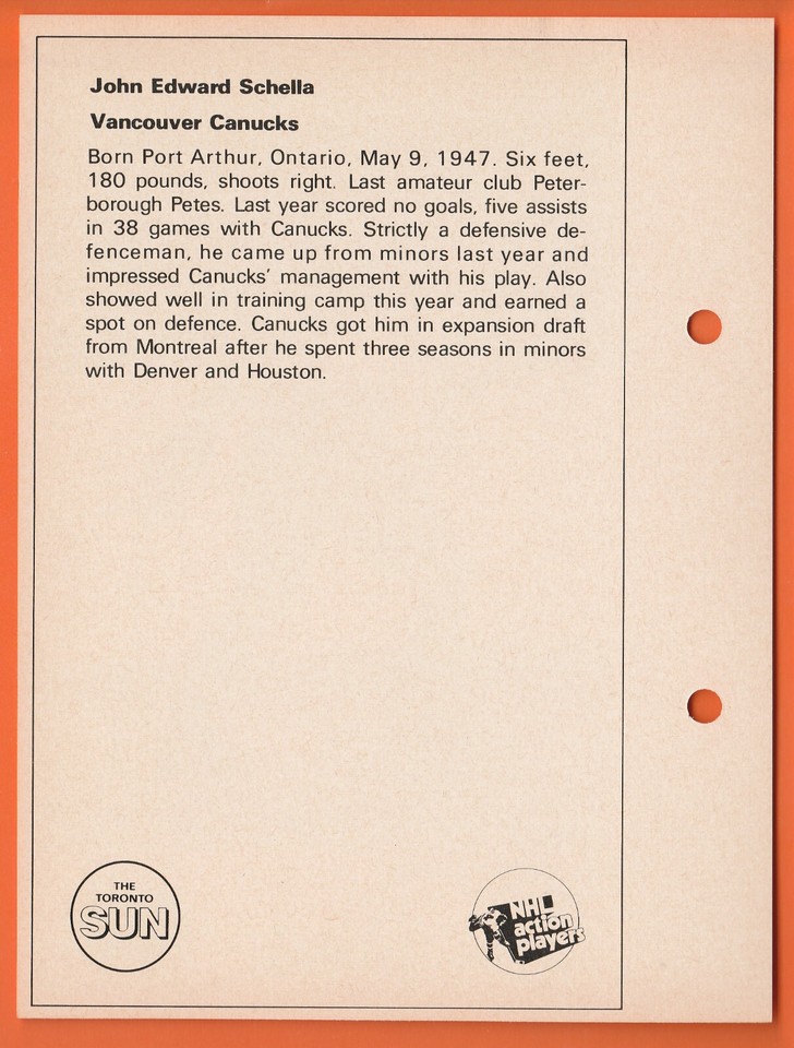 John Schella (With Logo) 1971-72 Toronto Sun Photos Vancouver Canucks ...