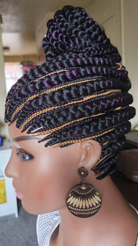 Fully hand braided Ghana banana cornrows wig pony bout 1B mix dark ...